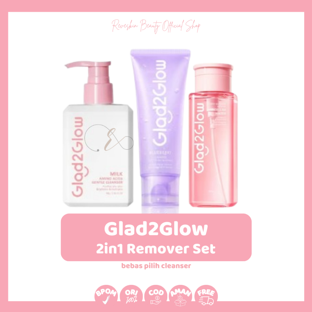 Jual Glad2Glow BUNDLE 2in1 Remover Set - Micellar Water+Clanser | Milk ...