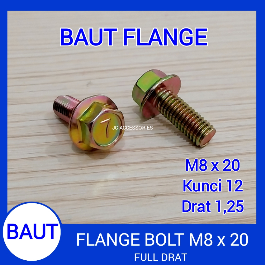 Jual BAUT FLANGE M8x20 DRAT 1,25 KUNCI 12 FLANGE BOLT M8 X 20 GALVANIS 8x20 8 X 20 2CM | Shopee ...