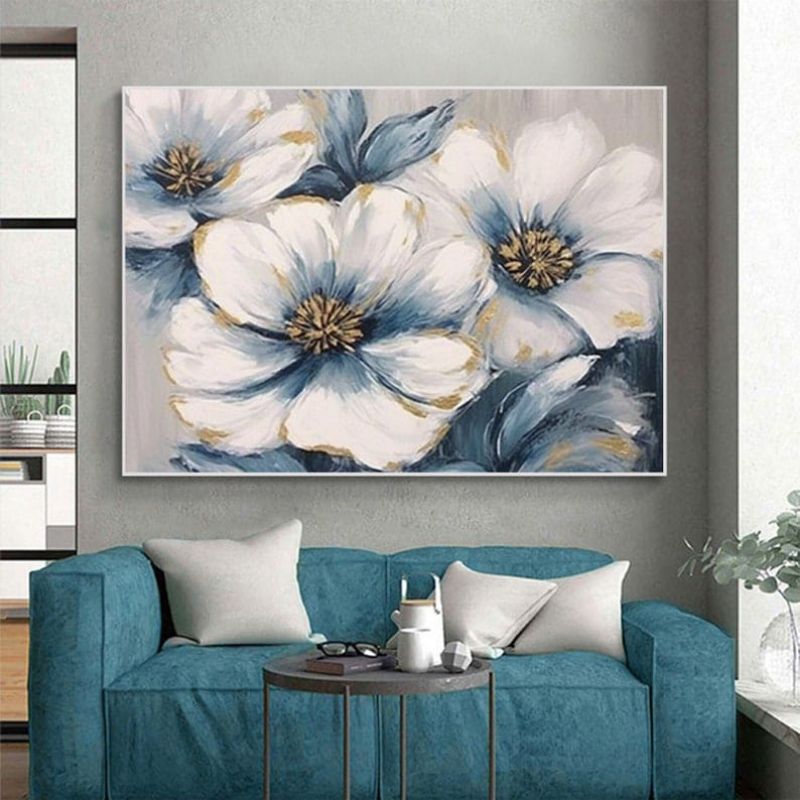 Jual Hiasan dinding canvas bunga white blue aesthetic ukuran 100 cm x ...