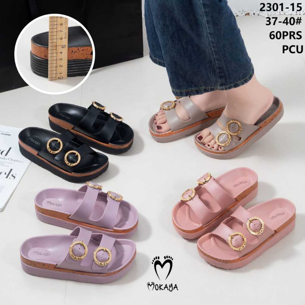 Jual Sandal Slop Wedges Wanita Ban 2 Gesper Gold Kotak & Bulat Sol ...