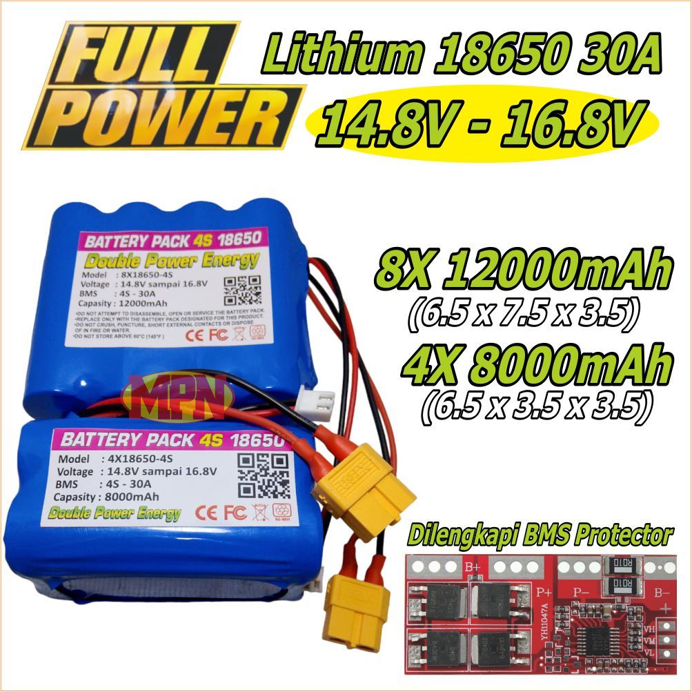 Jual Baterai Pack Type 18650 14.8V sampai 16.8V BMS 4S 30A 8000mAh ...