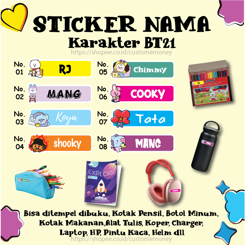 Jual STICKER LABEL NAMA KARAKTER BT21 BTS BANGTAN ARMY CUTE LEBEL ...