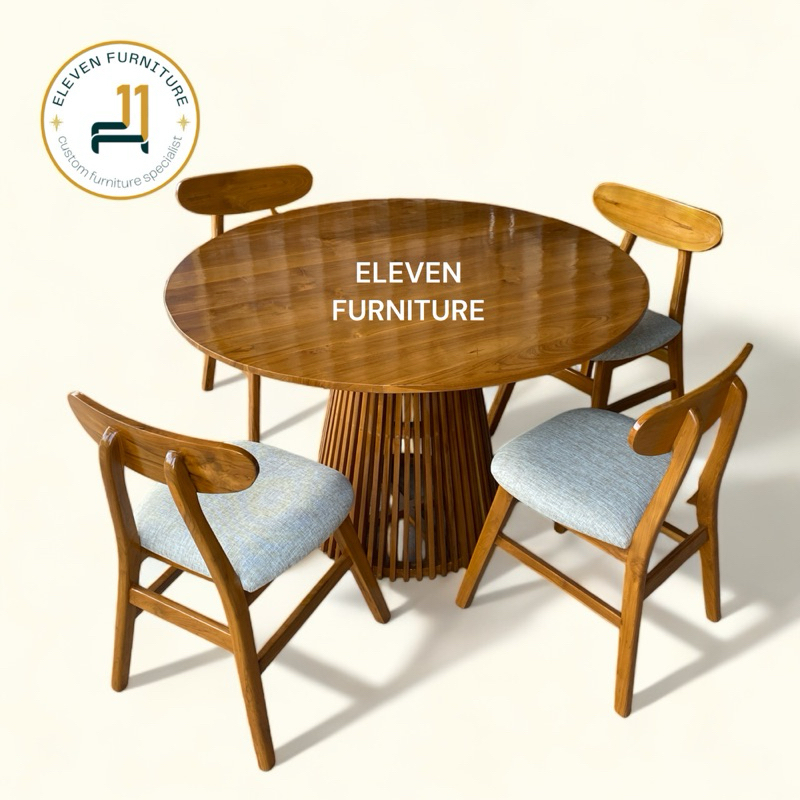 Jual SET MEJA MAKAN BULAT JARI 4 KURSI ROPAN JAMUR kayu jati cafe resto minimalis retro korean ...