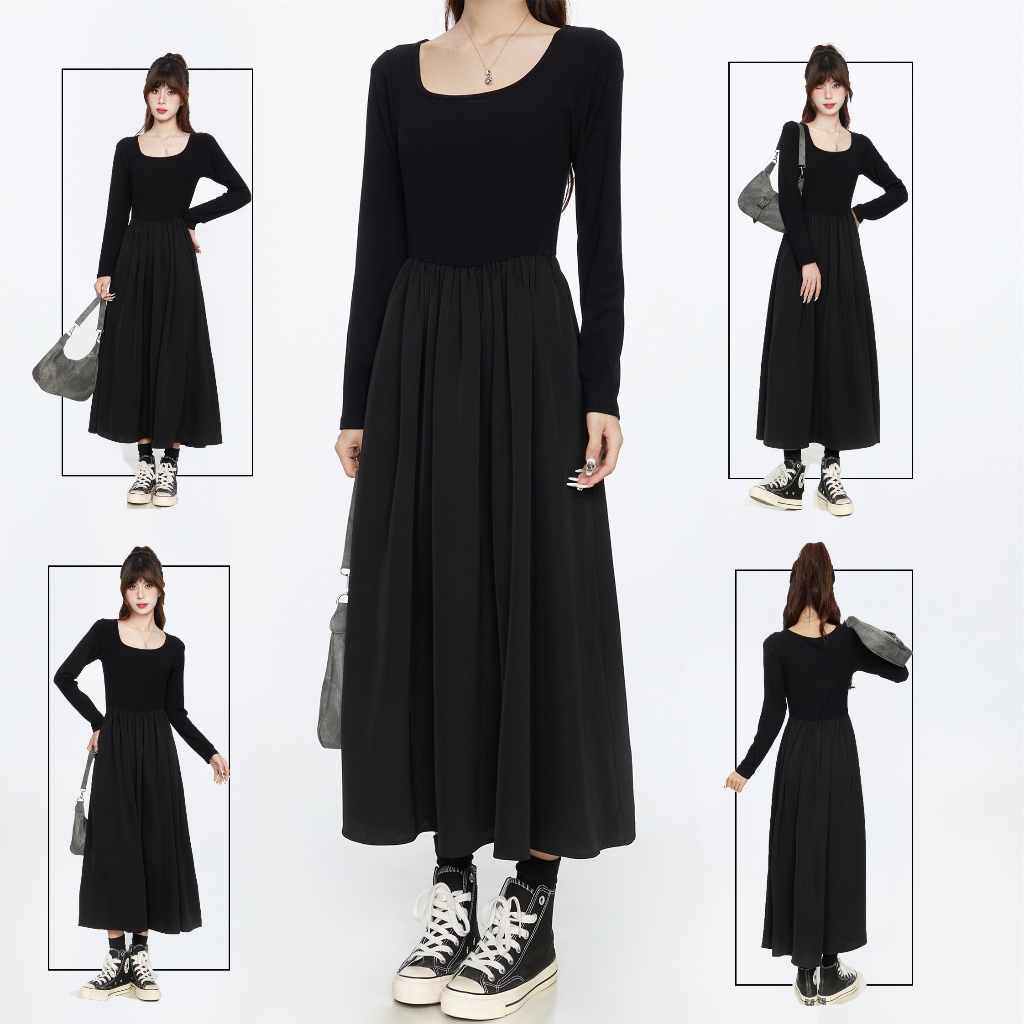 Jual KeyGirl Dress Kerah Bulat hitam Woman Long Dress wanita dress Gaun ...