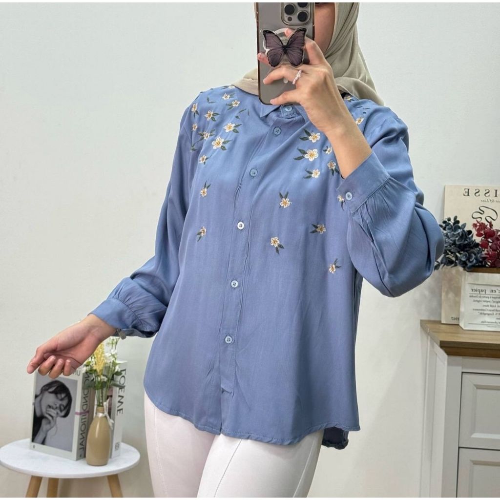 Jual BLOUSE BRIGATA KEMEJA BORDIR BUNGA BASIC WANITA | Shopee Indonesia