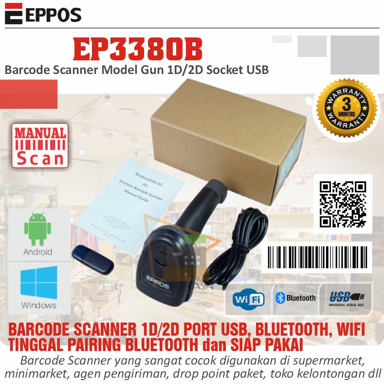 Jual Gun Barcode Scanner 1D/2D EPPOS EP3380B - Bluetooth Wireless ...