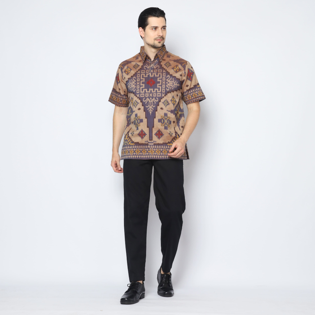 Jual Tenun eBoon Kemeja Tenun Ikat Motif Gringsing Lengan Pendek Coklat ...