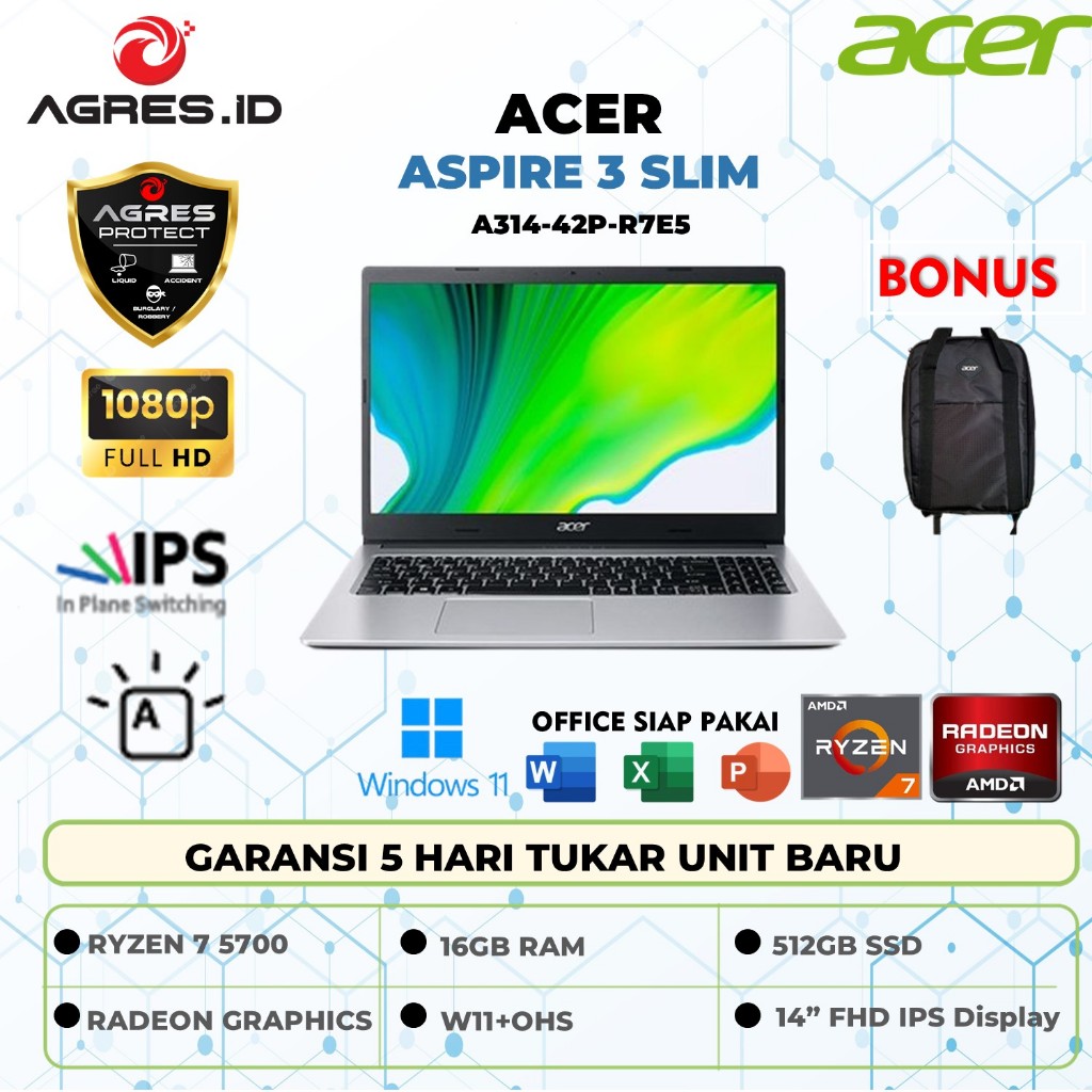 Jual ACER ASPIRE 3 SLIM A314 RYZEN 7 5700 16GB 512GB W11+OHS 14.0 IPS ...