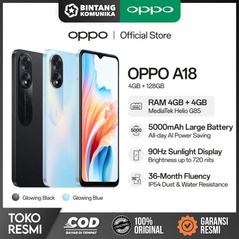Jual Oppo A18 (4GB+4GB/128GB) - 5000 mAh large battery - 90hz Sunlight ...