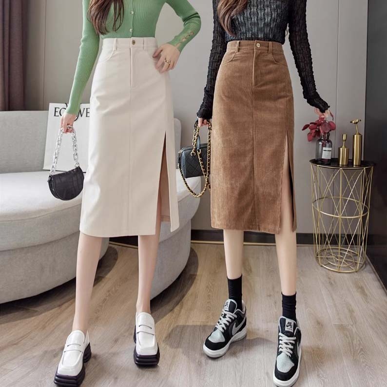 Jual Rok Corduroy a line skirt belah samping rok 5 6 highwasit rok ...