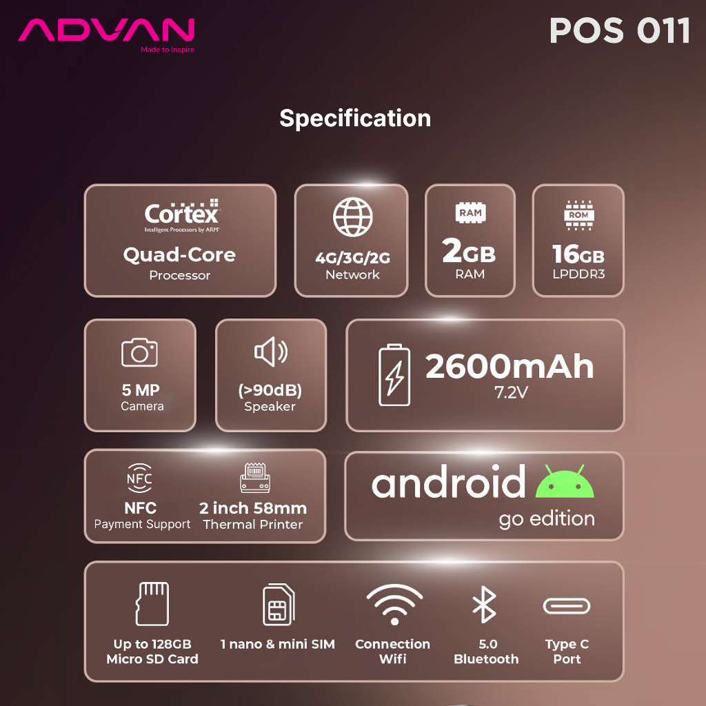 Jual ADVAN Harvard O11 Smart Mobile Pos Printer Cashier Android 4G LTE ...