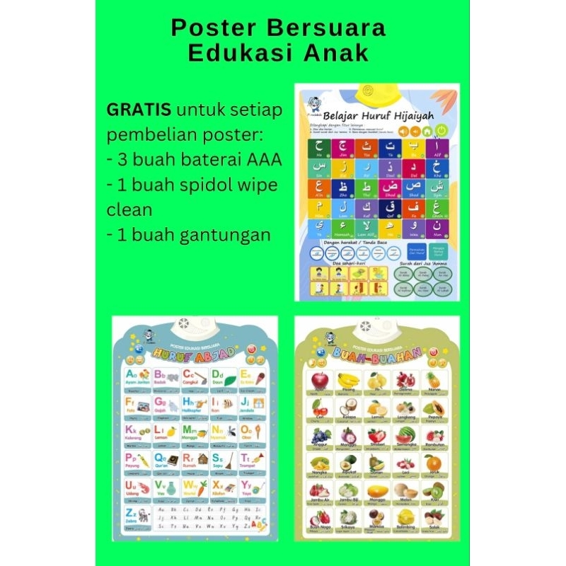 Jual Poster Bersuara Edukasi Anak - Abjad (Huruf) / Buah / Hijaiyah (Gratis Baterai + Spidol ...