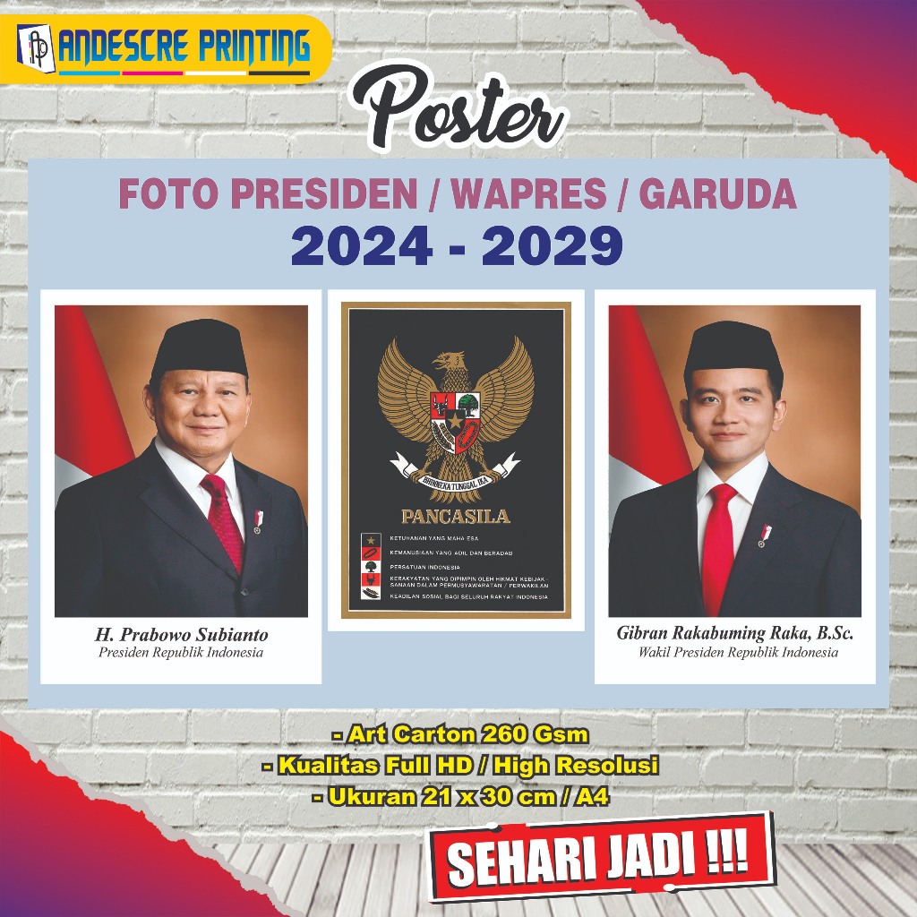 Jual Poster Foto Presiden Prabowo dan Wakil Presiden Gibran Gambar HD Periode 2024-2029 | Shopee ...