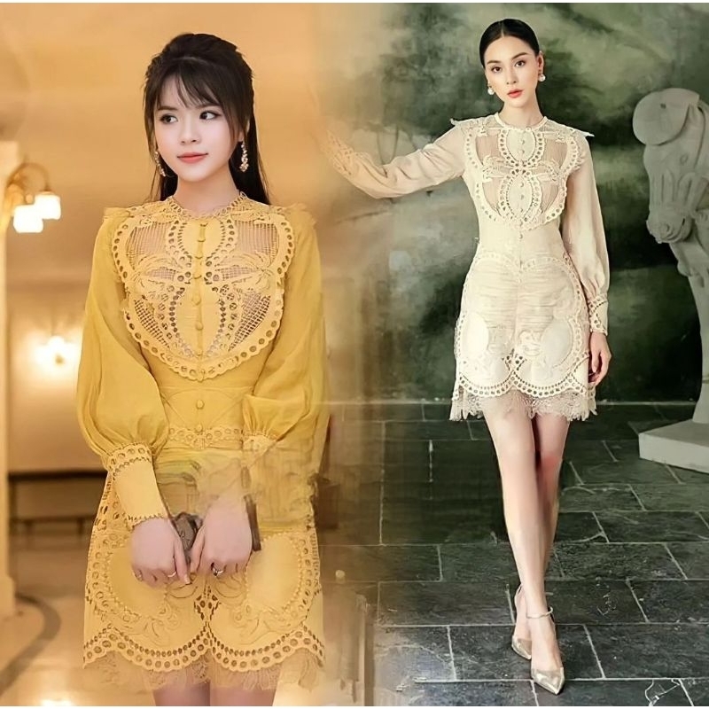 Jual long sleeve yellow midi dress lace brukat brokat bruchat dress ...