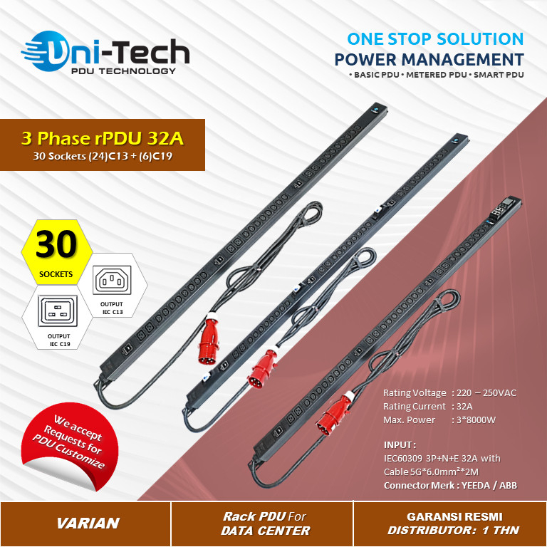 Jual 3Phase Rack PDU 30 Sockets C13+C19 Input 32A | Shopee Indonesia