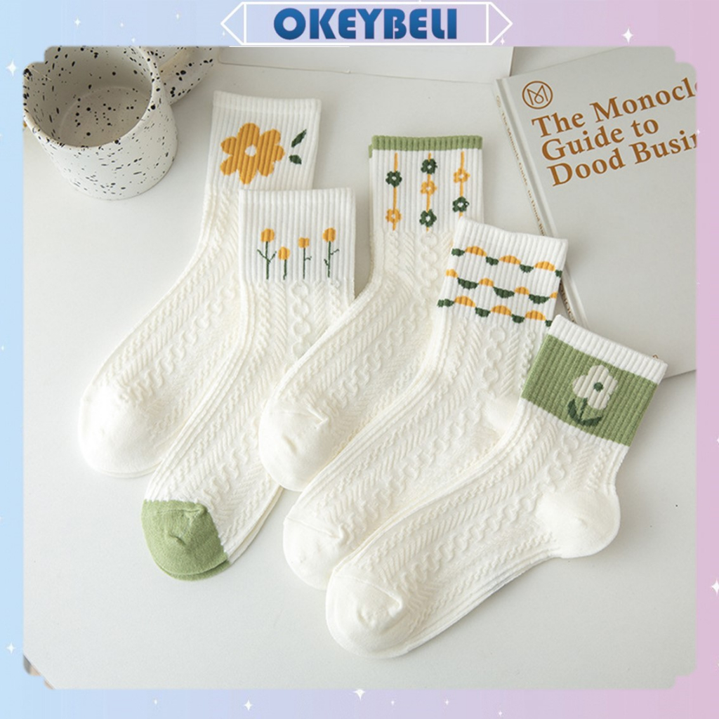 Jual •OKEY BELI•KK1110 Kaos Kaki Motif Flower Bunga Setinggi Betis ...