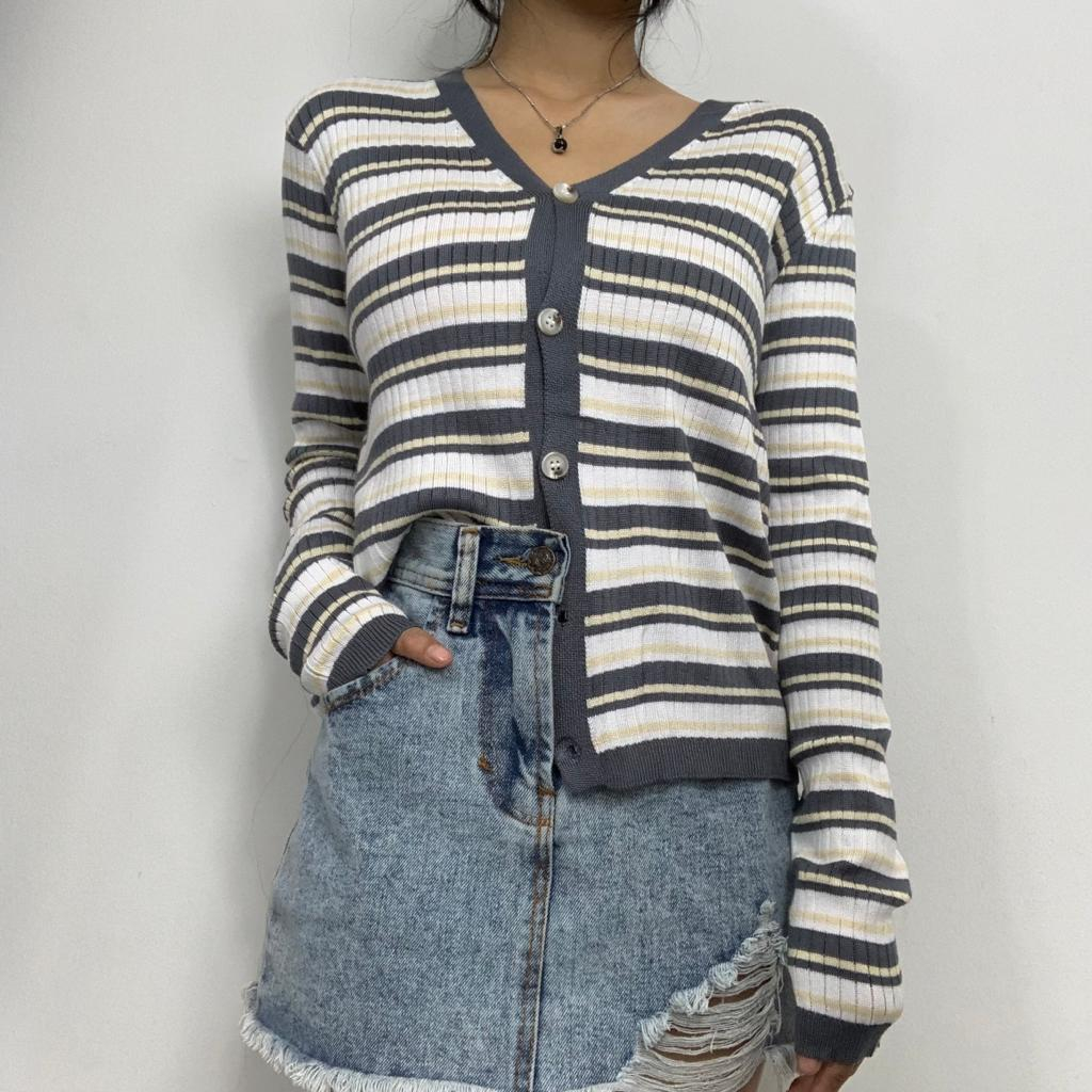 Jual AJW Atasan Rajut Wanita Lengan Panjang Import Premium Salur Garis Full Kancing WAD | Korean ...