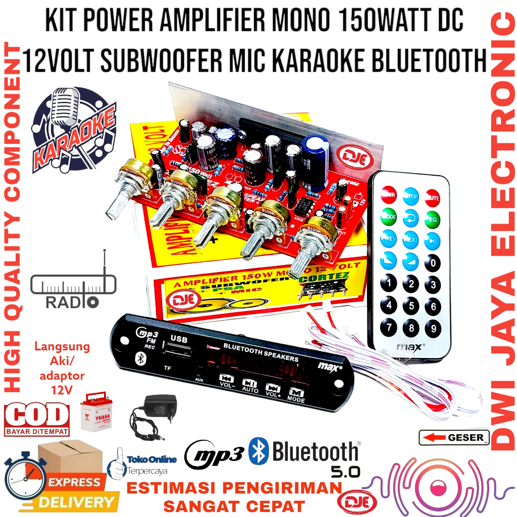 Jual Kit Power Amplifier Mono 150watt DC 12V Subwoofer Mic Plus MP3 ...