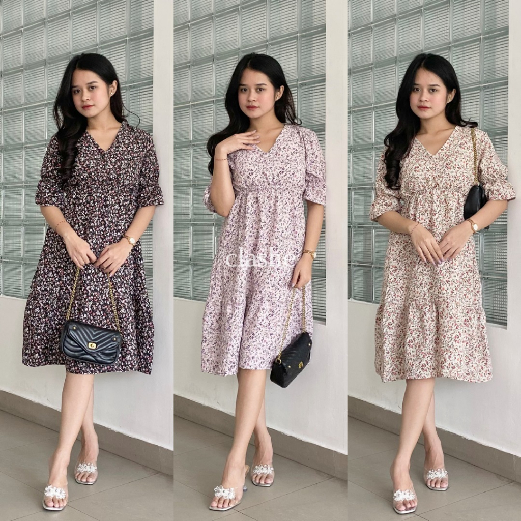 Jual Hera Dress Gaun Motif Bunga Lengan Pendek Wanita Crinkle Airflow ...