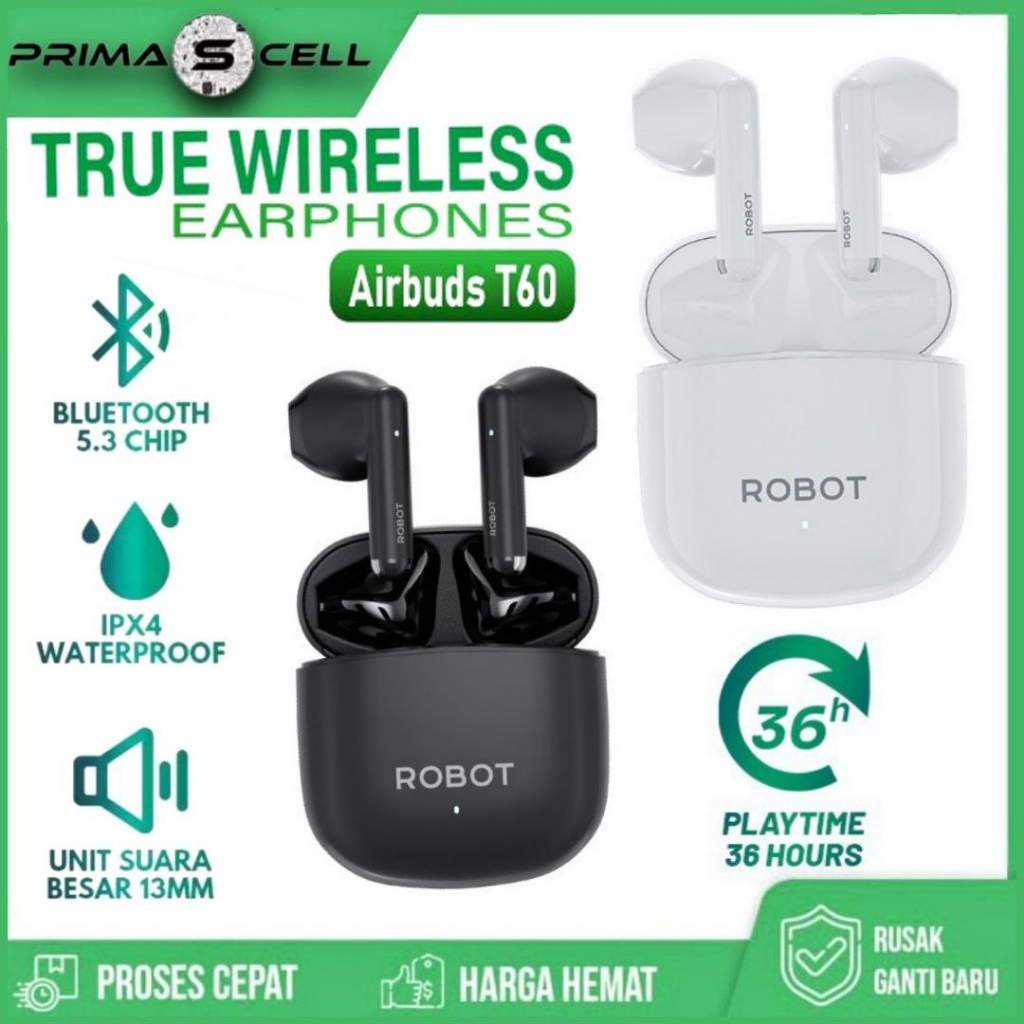 Jual Headset Bluetooth 5.3 ROBOT T60 TWS Airbuds Earphone Playtime ...