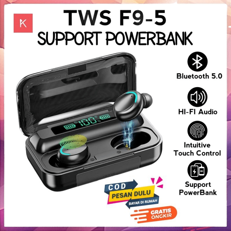 Jual ANG F9-5 TWS HEADSET BLUETOOTH GAMING NIRKABEL POWERBANK INCLUDED | Shopee Indonesia