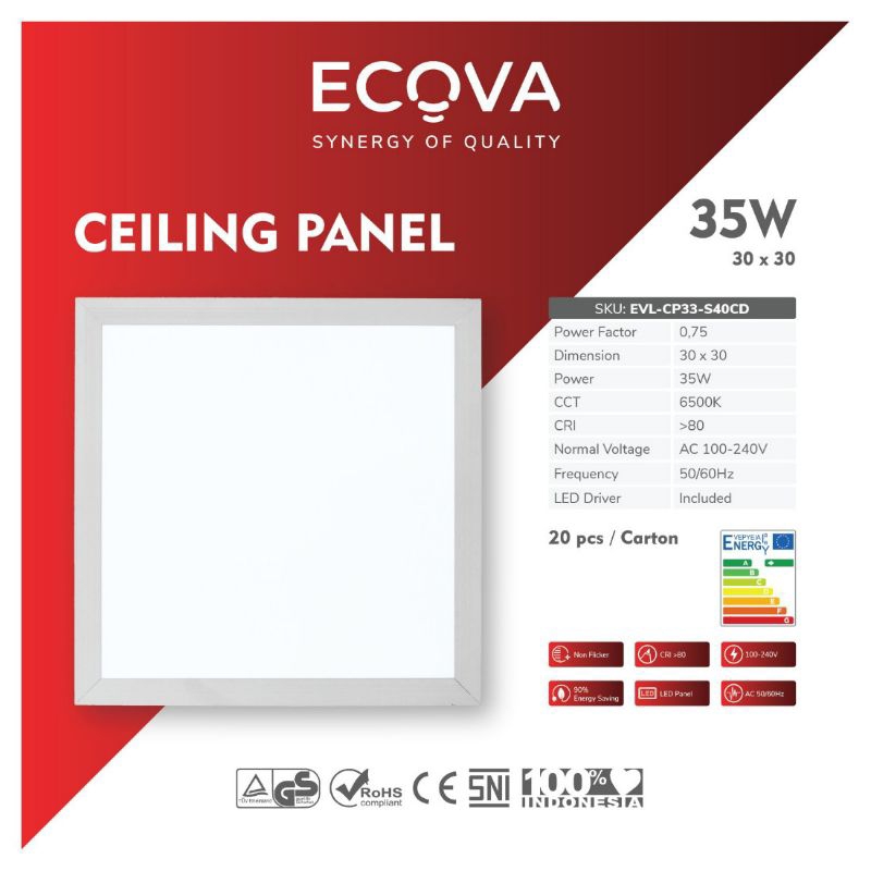 Jual ECOVA Lampu LED Ceiling Panel Downlight Kotak 30X30cm 35 Watt ...
