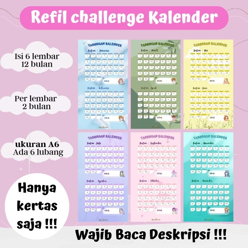Jual refil kertas kalender 6 lembar per lembar isi 12 bulan kertas ...