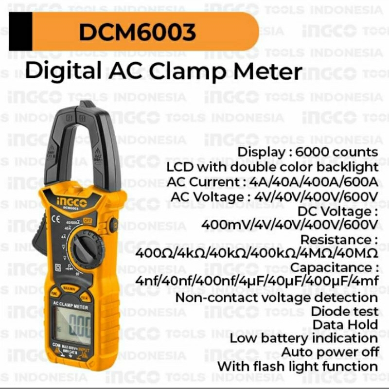 Jual Digital Clamp meter (AC/DC 6000 Count) INGCO DCM6003 -tang ampere ...