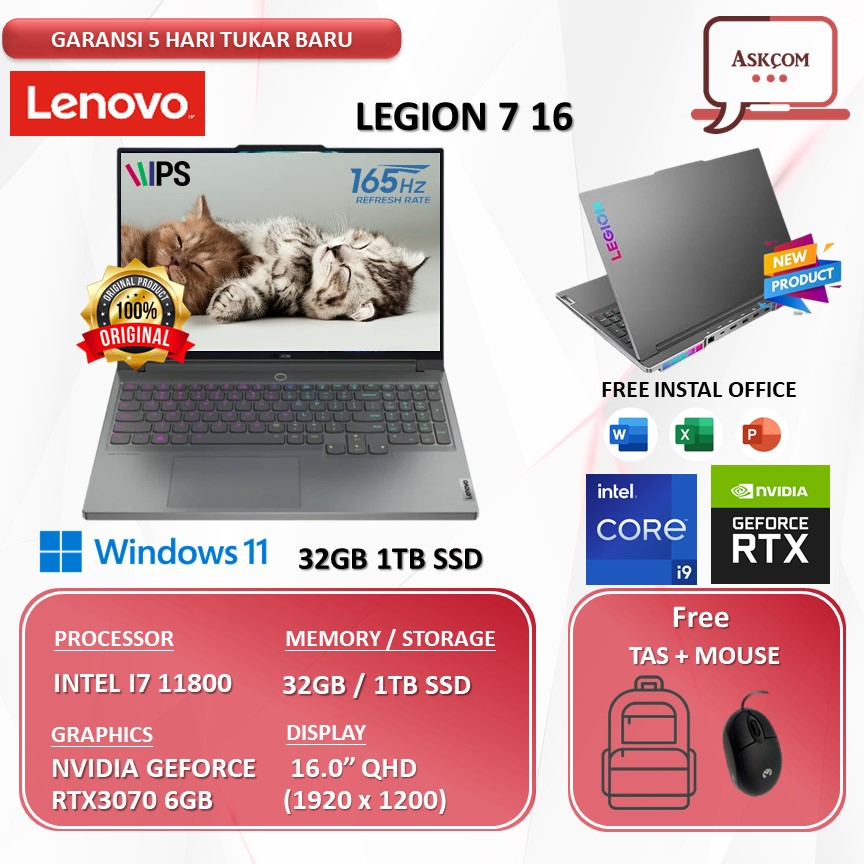 Jual Laptop Gaming Lenovo Legion 7 16 I7 11800 Rtx3070 6gb 32gb 1tb Ssd