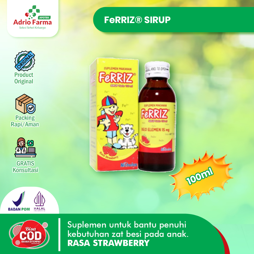 Jual FERRIZ - SIRUP ZAT BESI Botol @ 100ml - Rasa STROBERI - Suplemen ...