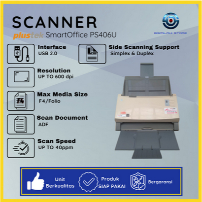 Jual Scanner F4 Plustek Smart Office PS406U Kecepatan Scan Hingga 40 ...