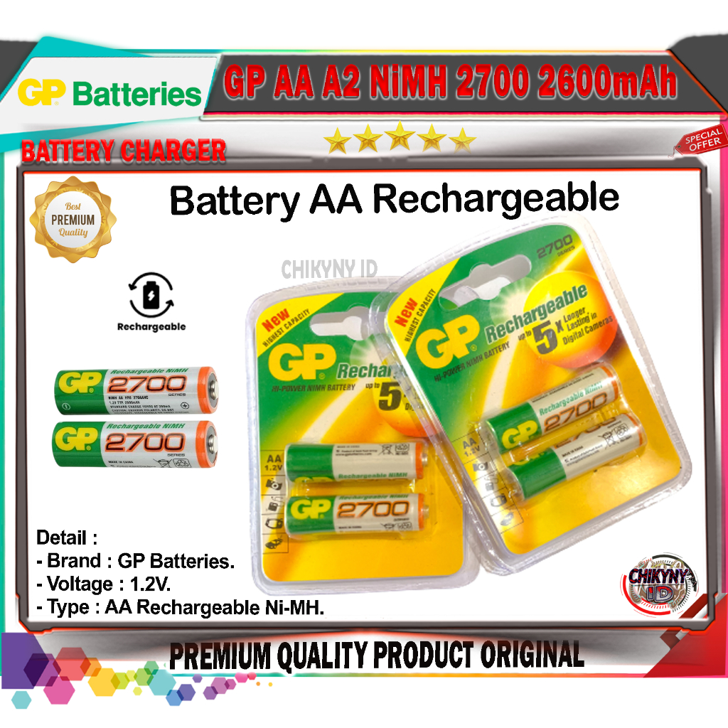 Jual BATTERY GP AA A2 RECHARGEABLE NiMH 2700 BATRE CHARGE 2600mAh 1.2V ...