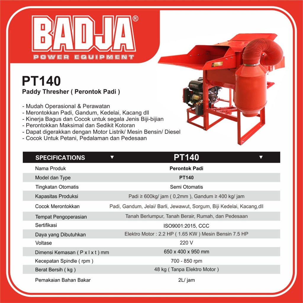 Jual Mesin Perontok Padi Dengan Blower Badja Pt140 / Paddy Thresher ...