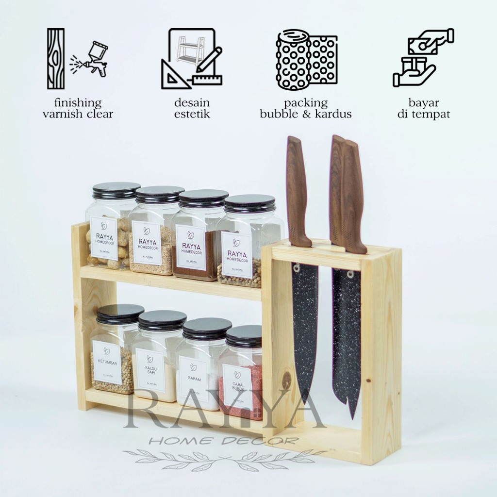 Jual Rak bumbu dapur kayu set rak tempat pisau / rak pisau dapur kayu ...