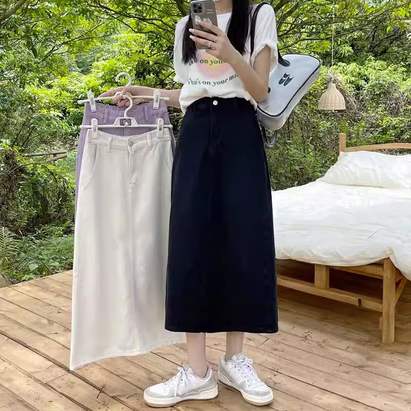 Jual Korean Hitam/Krem New Highwaist Rok midi A-line Denim Split ...