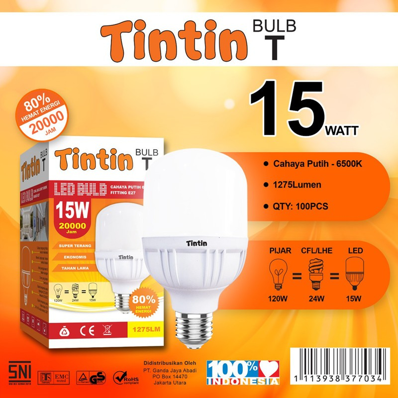 Jual LAMPU BOHLAM/BOLAM TINTIN BULB T LED 15 WATT HEMAT ENERGI | Shopee Indonesia