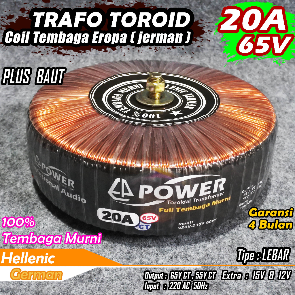 Jual Trafo Toroid 20A 65V CT - 55V CT MURNI Full Tembaga Hellenic Jerman (LEBAR) | Shopee Indonesia