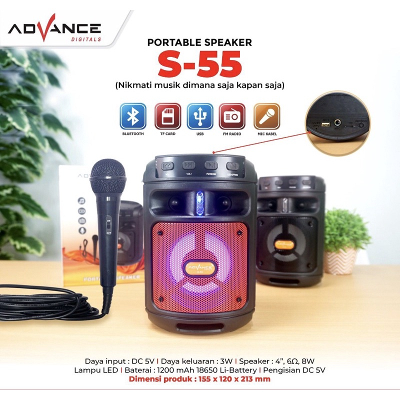Jual Advance S55 Speaker Bluetooth Portable Ukuran 4 inch FREE 1 Micophone Kabel Garansi Resmi 1 ...