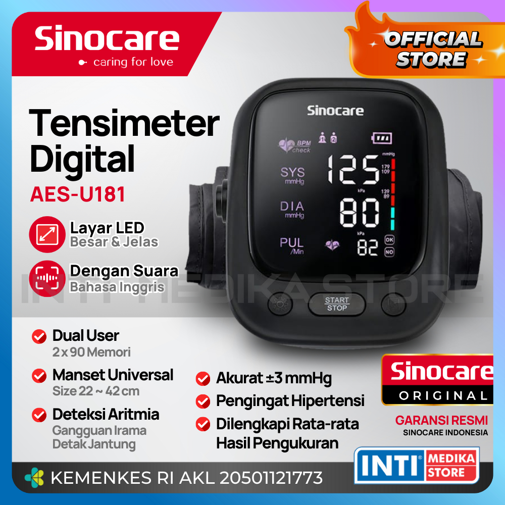 Jual SINOCARE - Tensimeter Digital Otomatis Layar LED + Suara AES U181 ...