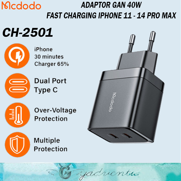 Jual Mcdodo Ch-2501 Kepala Adaptor Mini Charger Gan Dual Usb C Pd Fast Charging 40W | Shopee ...