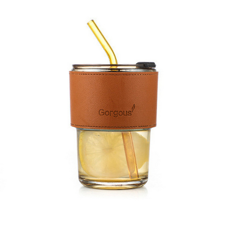 Jual Tumbler Cup Coffee + Sedotan + Holder Kulit 400ml - Gelas Kaca ...