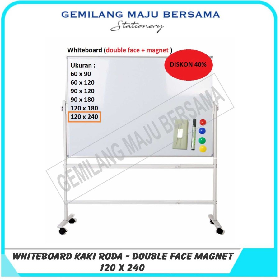 Jual Whiteboard / Papan Tulis + Kaki Roda 120cm x 240cm ( 2 Muka ...