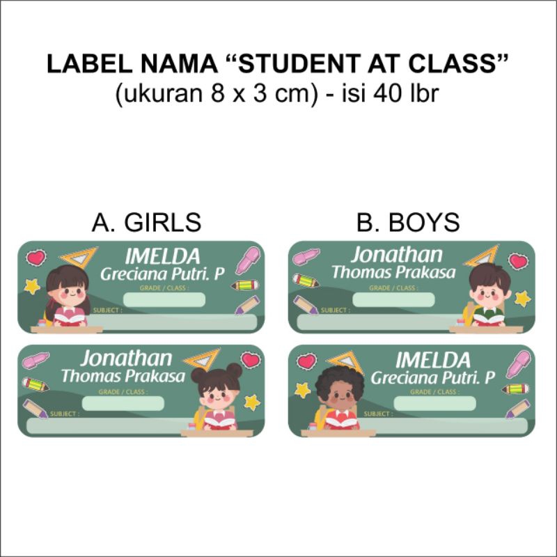 Jual PO Sticker label nama "Student at class" custom nama (isi 40 lbr ...