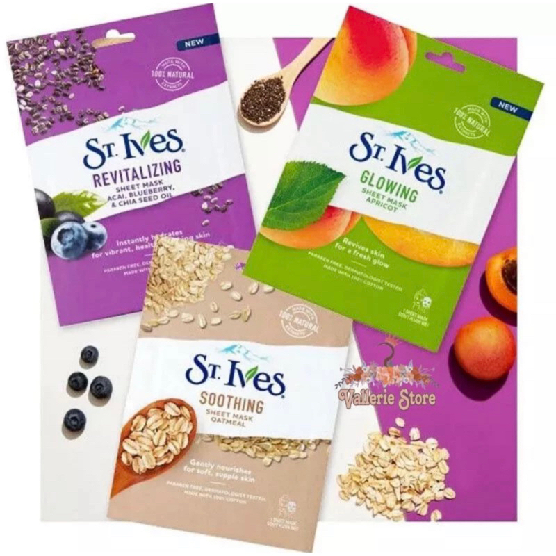 Jual St Ives Mask Soothing Oatmeal/ Glowing Apricot/ Blueberry Sheet ...