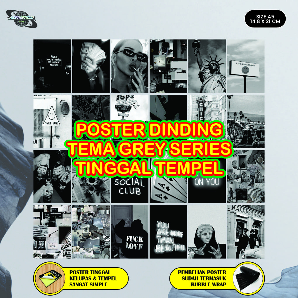 Jual Poster Sticker Dinding Dekorasi Kamar Aesthetic Tema Grey Hitam ...