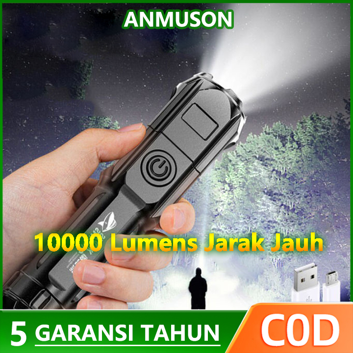 Jual ANMUSON 10000 Lumens Jarak Jauh Senter Super Terang Waterproof Zoom Murah Free Charger ...