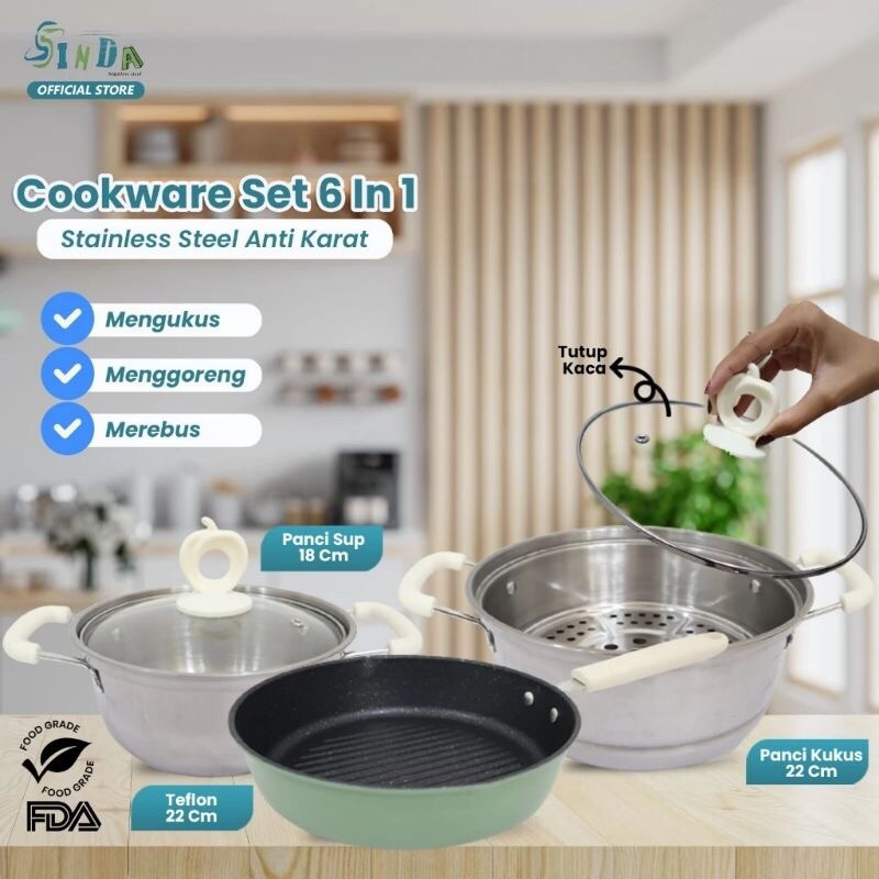 Jual PANCI SET COOKWARE 6PCS SINDA panci set serbaguna panci set anti ...