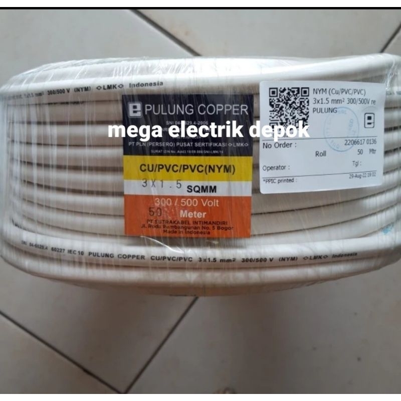 Jual kabel listrik pulung copper 3x1.5 nym kawat 1 roll 50mtr SNI ...