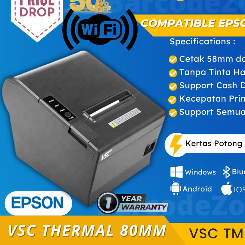 Jual PRINTER KASIR/PPOB THERMAL 80MM VSC TM-80UW ANDROID (WIFI+BLUETOOTH) | Shopee Indonesia