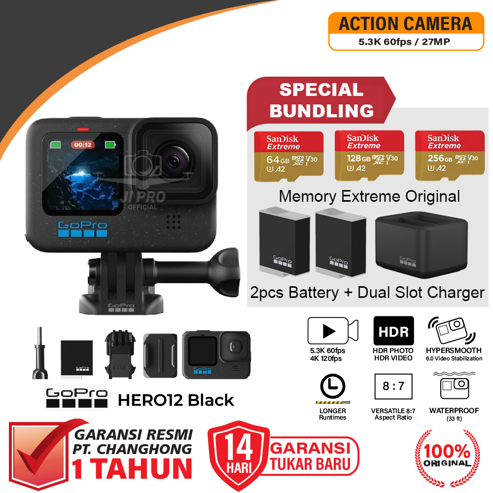 Jual GoPro Hero 12 Black Action Camera Go Pro Hero12 + Dual Battery ...
